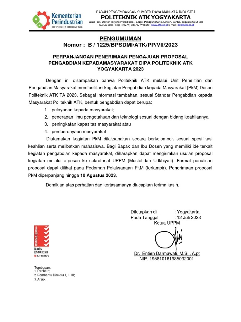 Surat Pengumuman Perpanjangan Waktu Penerimaan Proposal PKM 2023 | PDF Surat Pengumuman Perpanjangan Waktu Penerimaan Proposal PKM 2023 | PDF