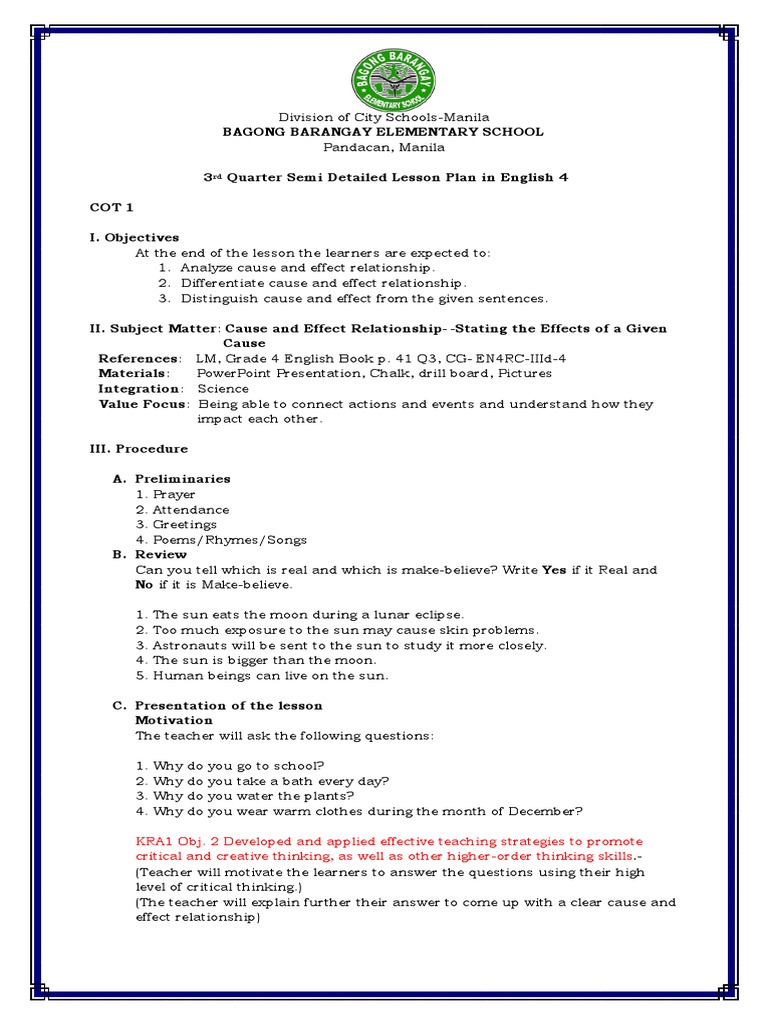 Grade 4 English Lesson Plan | PDF | Teachers | Causality