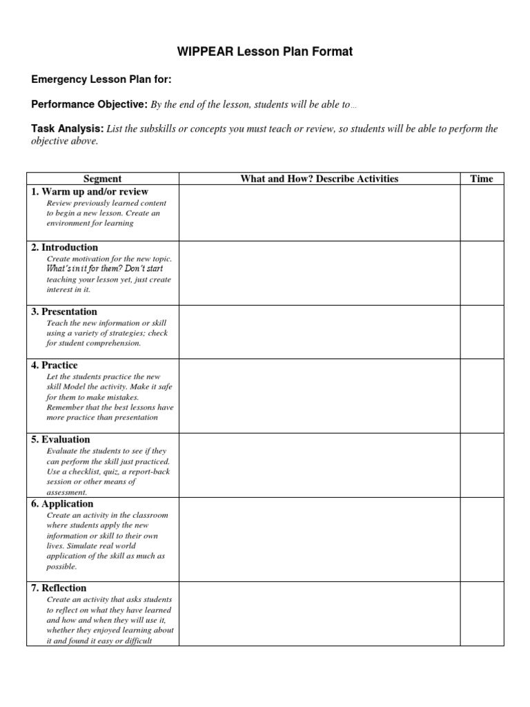 WIPPEAR Blank Lesson Plan | PDF