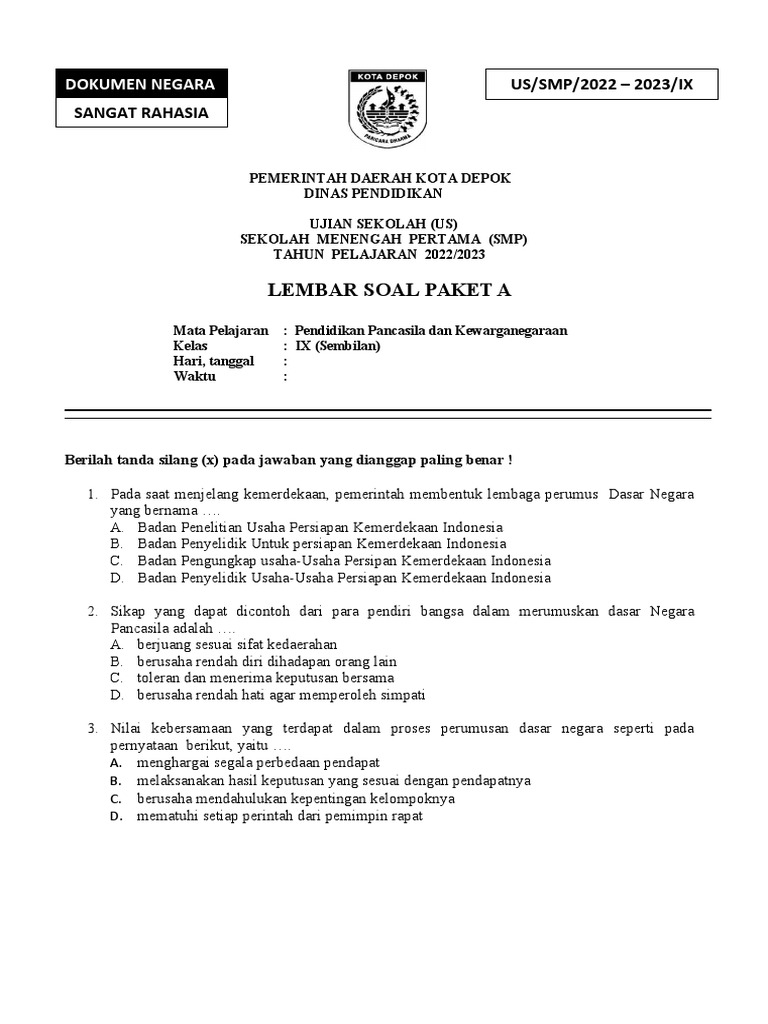 Paket A - Soal - Us - PPKN - TH 2022-2023 | PDF | Politik