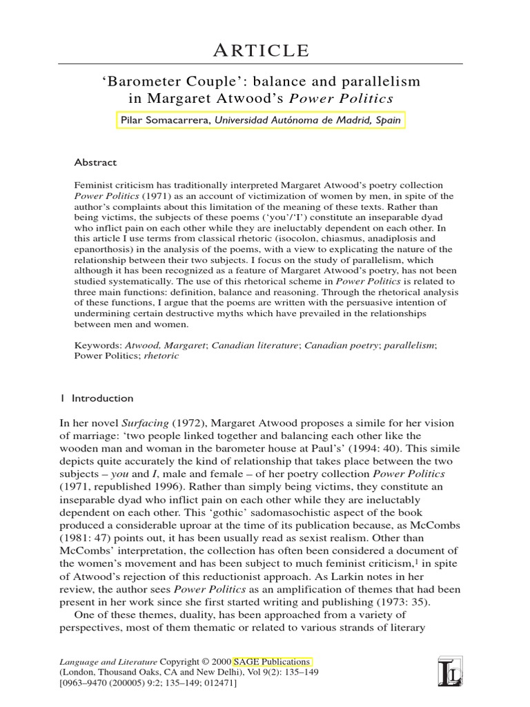 Barometer Couple' - Balance and Parallelism in Margaret Atwood's Power ...