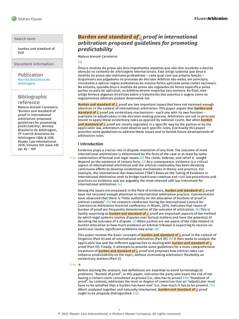 Burden and Standard of Proof in International Arbitration Proposed Guidelines For Promoting ...