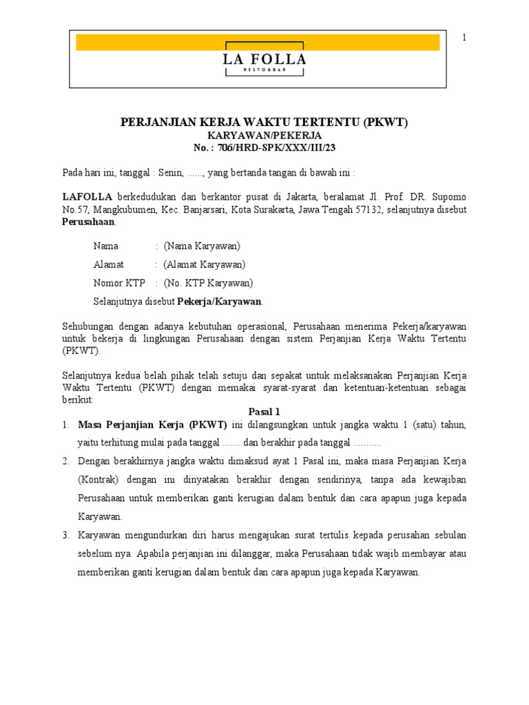 Contoh Kontrak Kerja (PKWT) | PDF