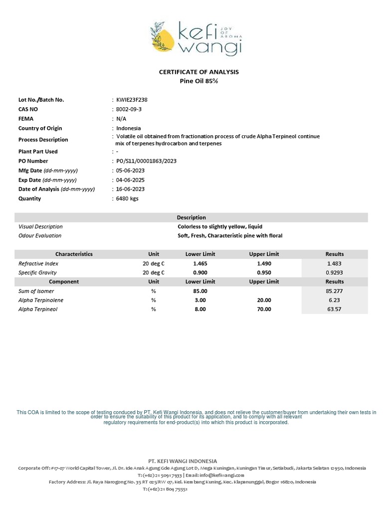COA Pine Oil 85 KWIE23F238 | PDF | Oils | Chemical Substances