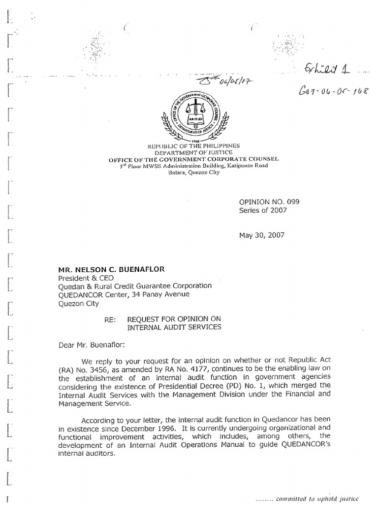 SAMPLE DOJ Opinion | PDF | Audit | Internal Audit