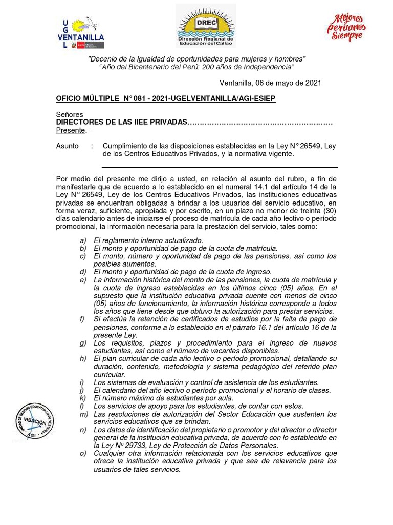 Oficio Múltiple 081 - Agi - para Supervisión de Iiee Privadas | PDF | Educación primaria