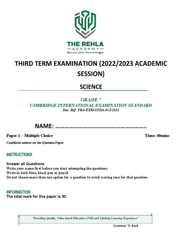 Grade 7 Science Exam Paper1 3RD Term | PDF | Rock (Geology) | Soil