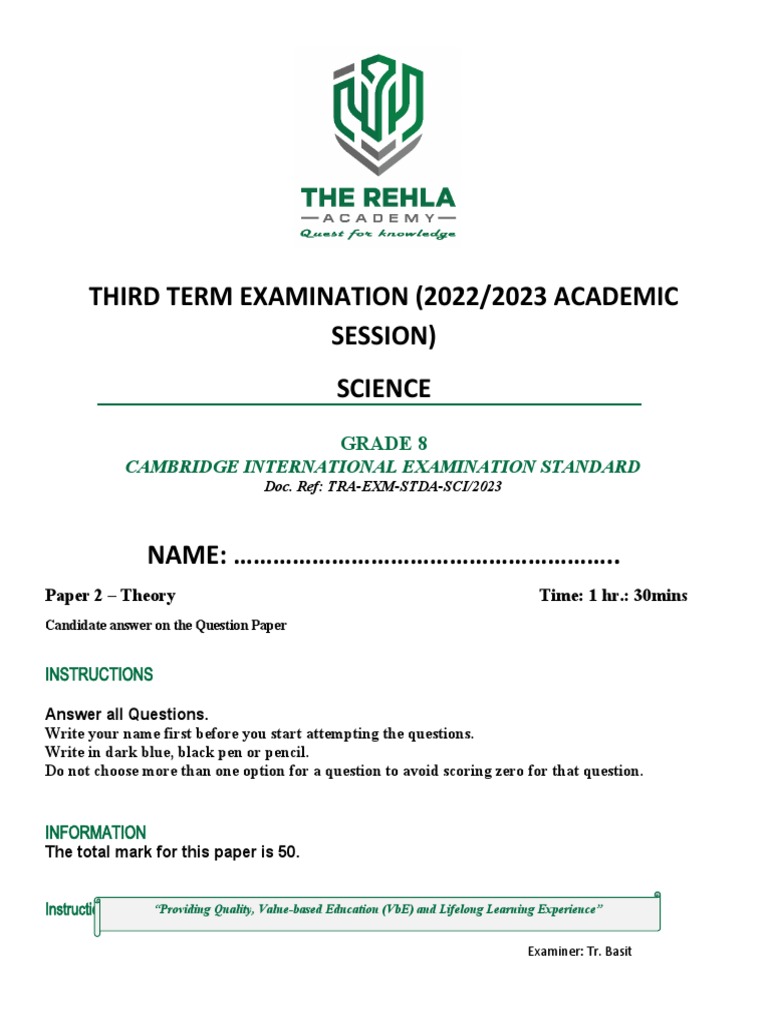 GRADE 8 SCIENCE EXAM PAPER2 3rd TERM | PDF | Chemical Elements | Proton