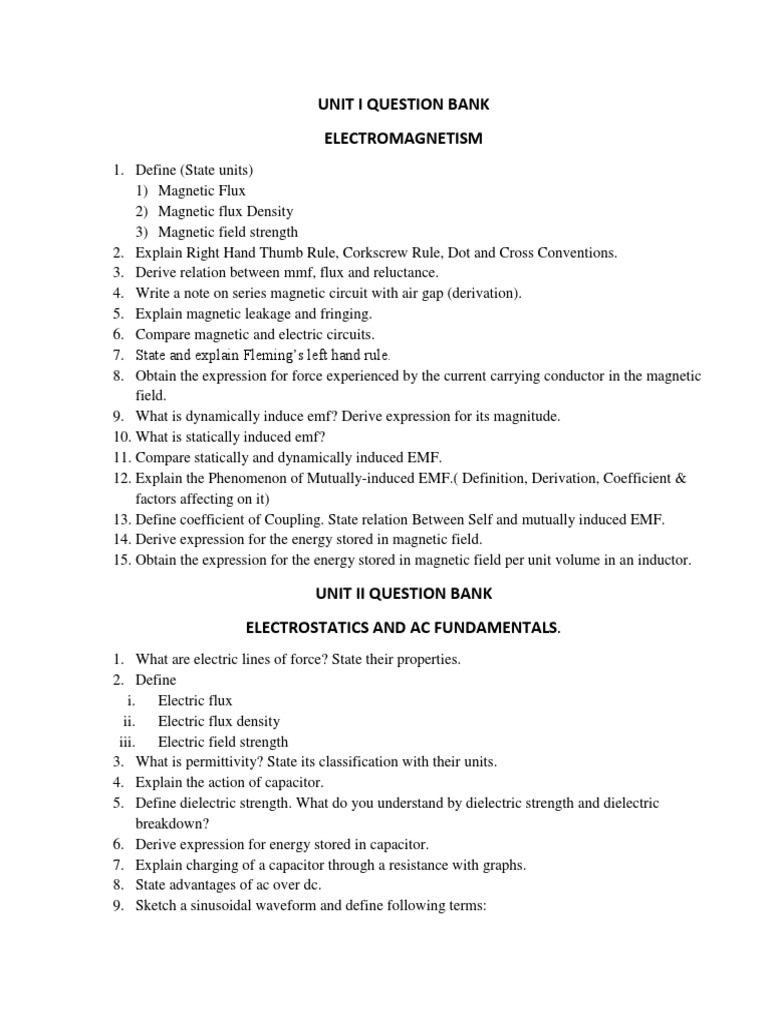 BEE Question Bank | PDF | Capacitor | Electromagnetic Field