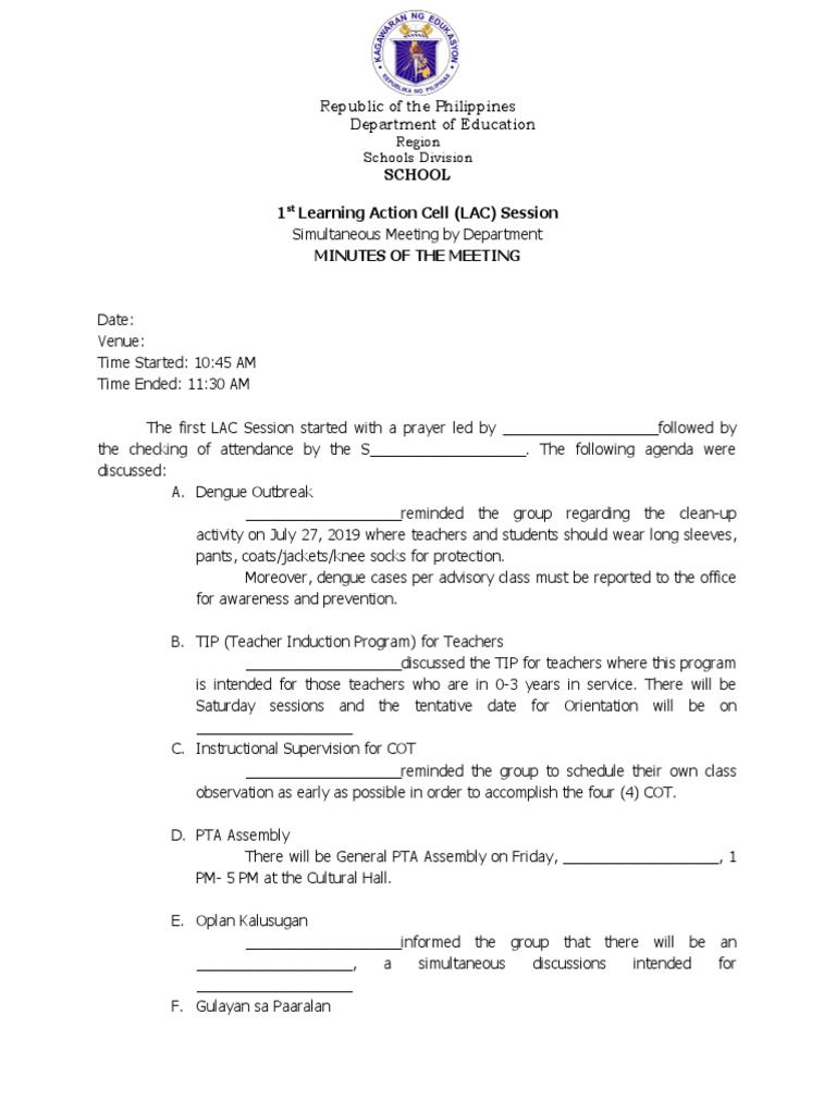 8 FFG Lac Minutes of Meeting | PDF | Classroom Management | Cognition
