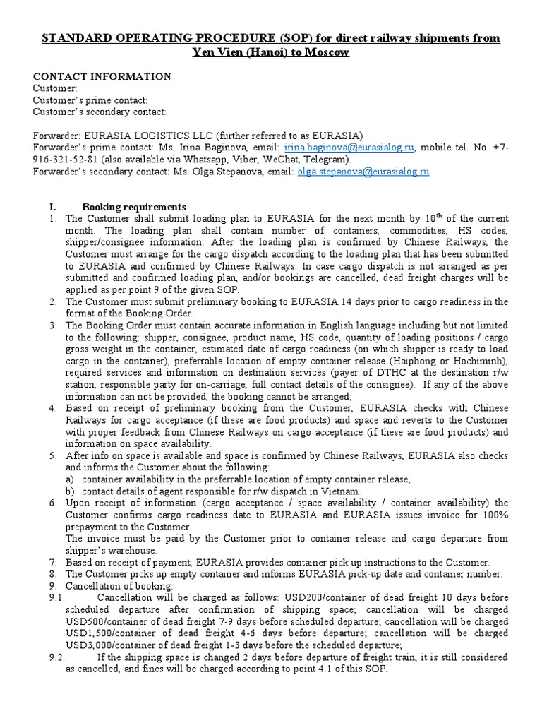 SOP For Direct Rail Shipments FR VN To RU | PDF | Cargo | Freight Transport