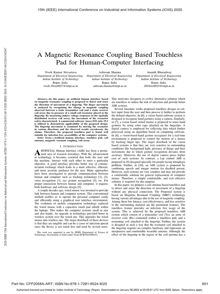 A Magnetic Resonance Coupling Based Touchless Pad For Human Computer