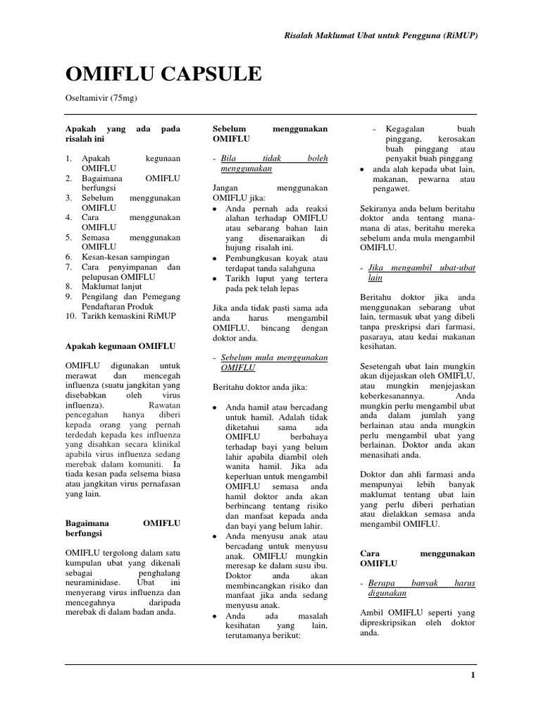 Omiflu Capsule 75mg Oseltamivir Duopharma M Sdn. Bhd. 12nov2015 BM | PDF