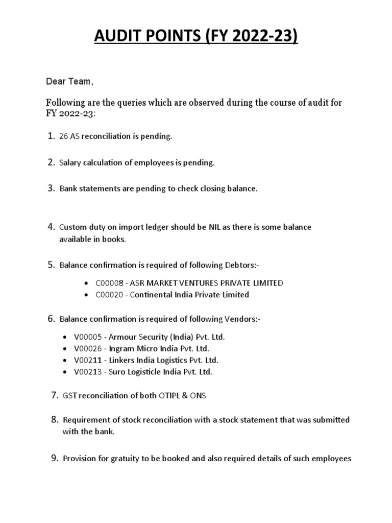 Audit Query Points Ons 2022 23 Pdf 
