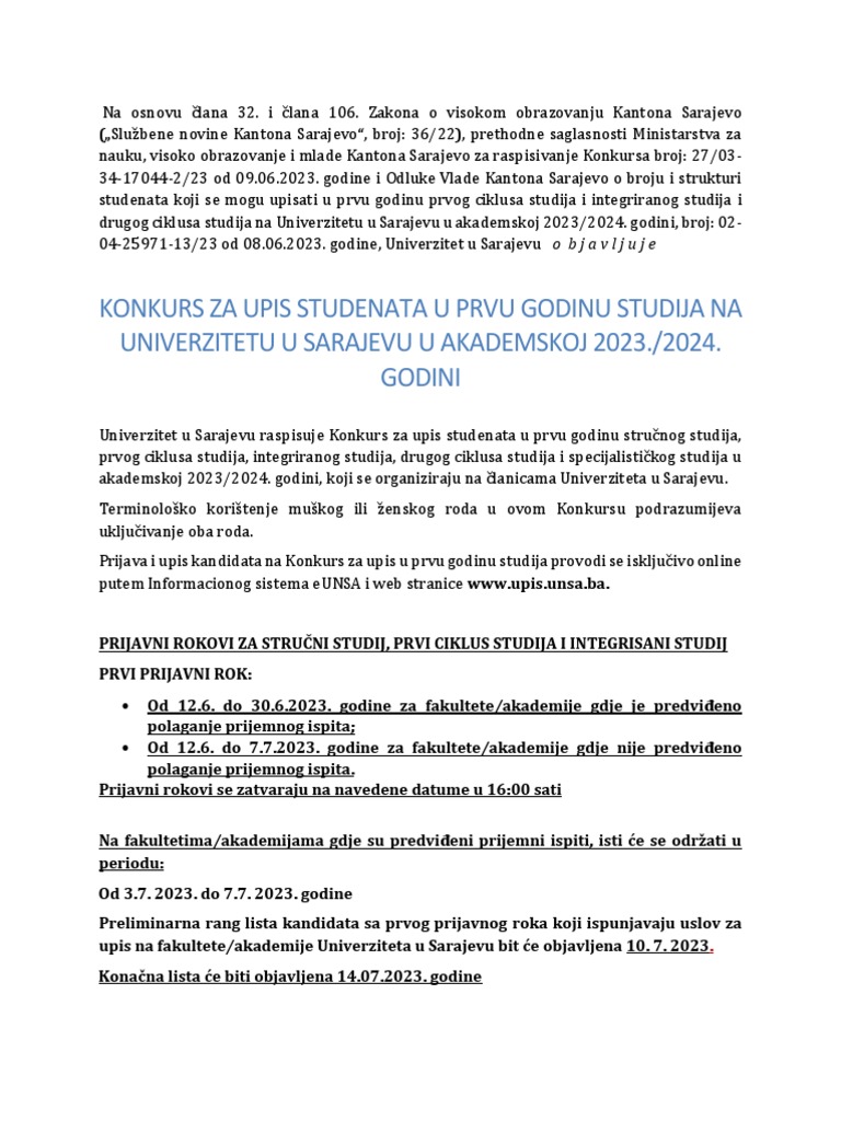 Konkurs Za Upis Na UNSA 2023 - 2024 | PDF
