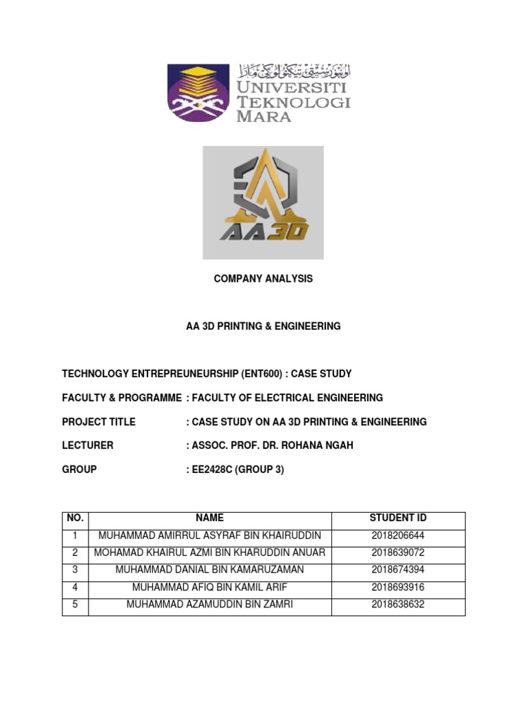 Ent600 Ee2428c Group3 Case Study 1 Assignment | PDF | 3 D Printing | Secondary Sector Of The Economy
