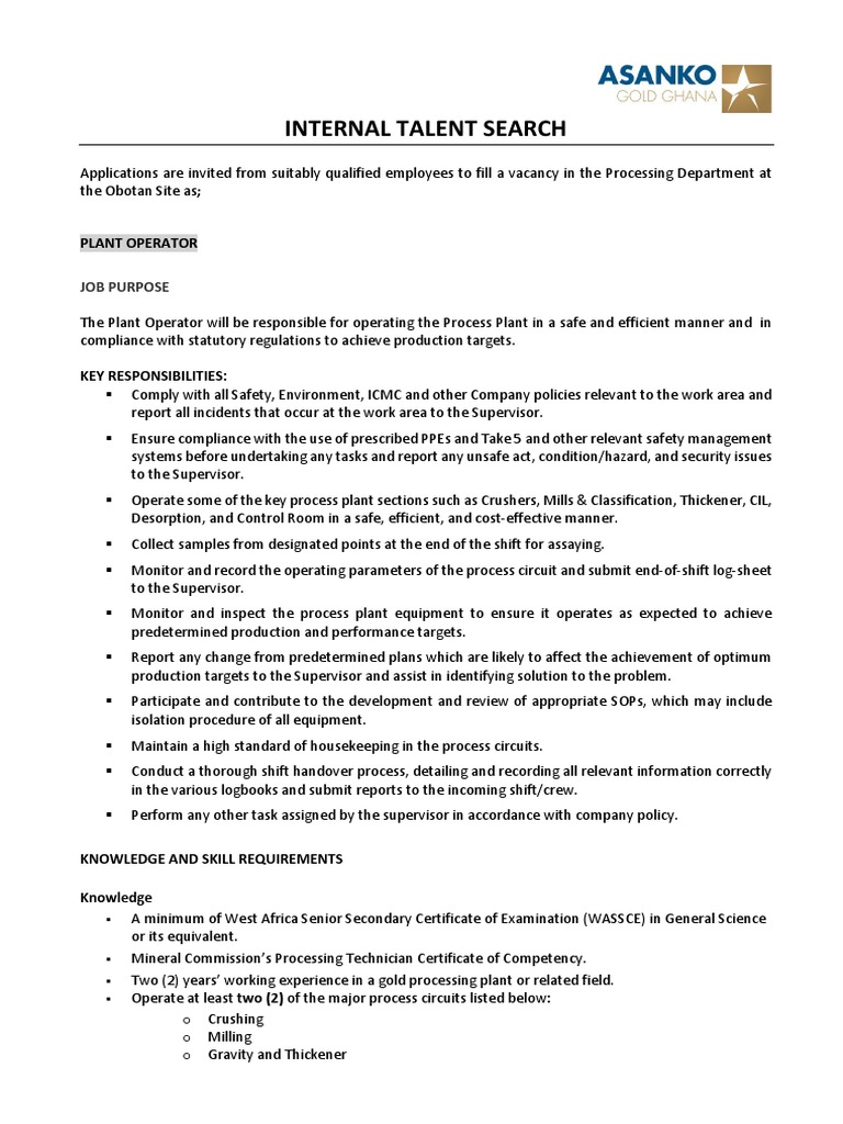 Internal Advert - Plant Operator | Download Free PDF | Regulatory Compliance | Safety