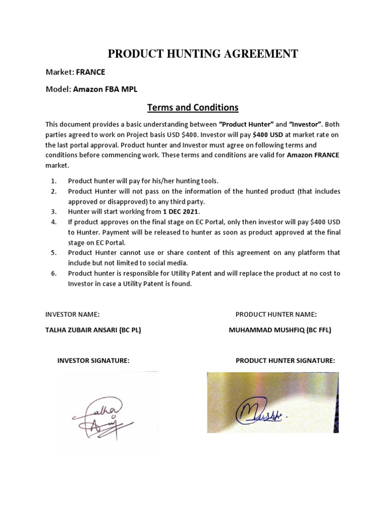 MPL Amazon Fba France Product Hunting Agreement | PDF