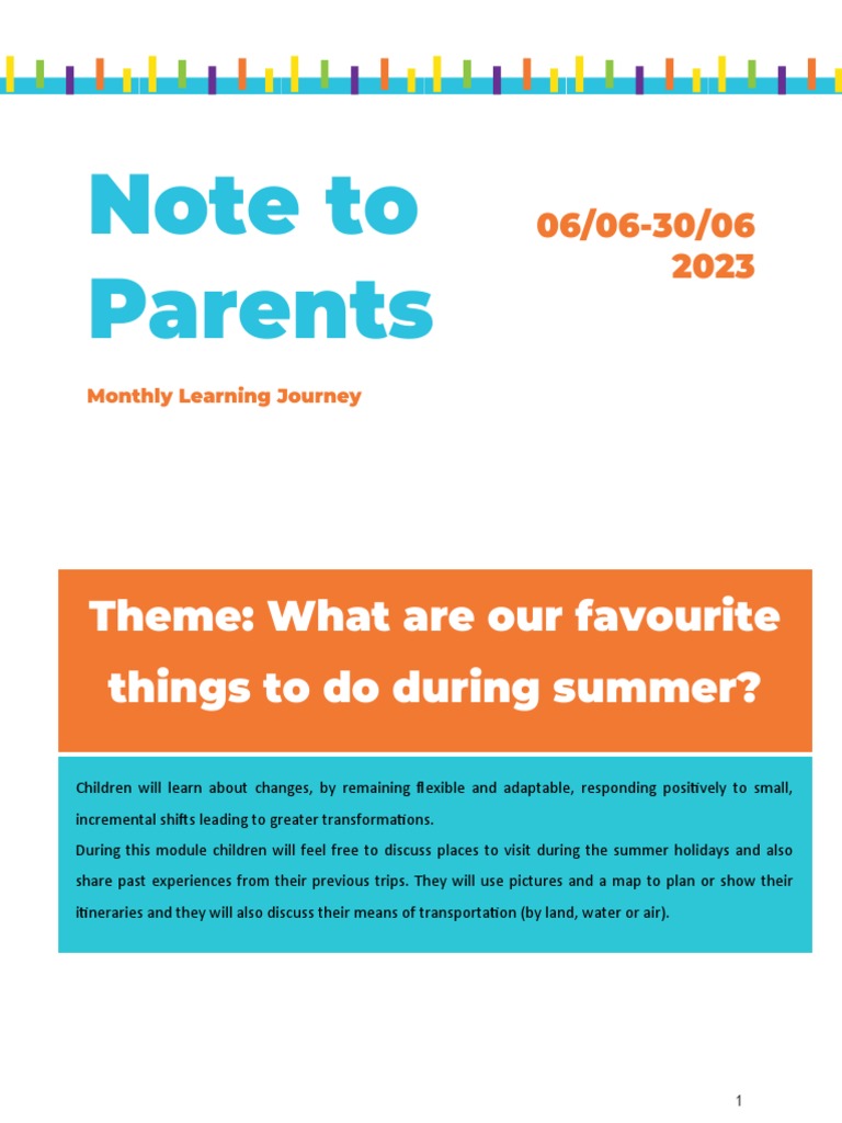 Reception - Note To Parents - Module 10 | PDF | Behavior Modification ...