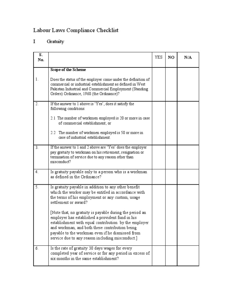Labour Laws Compliance Checklist-Gratuity | PDF | Gratuity | Employment