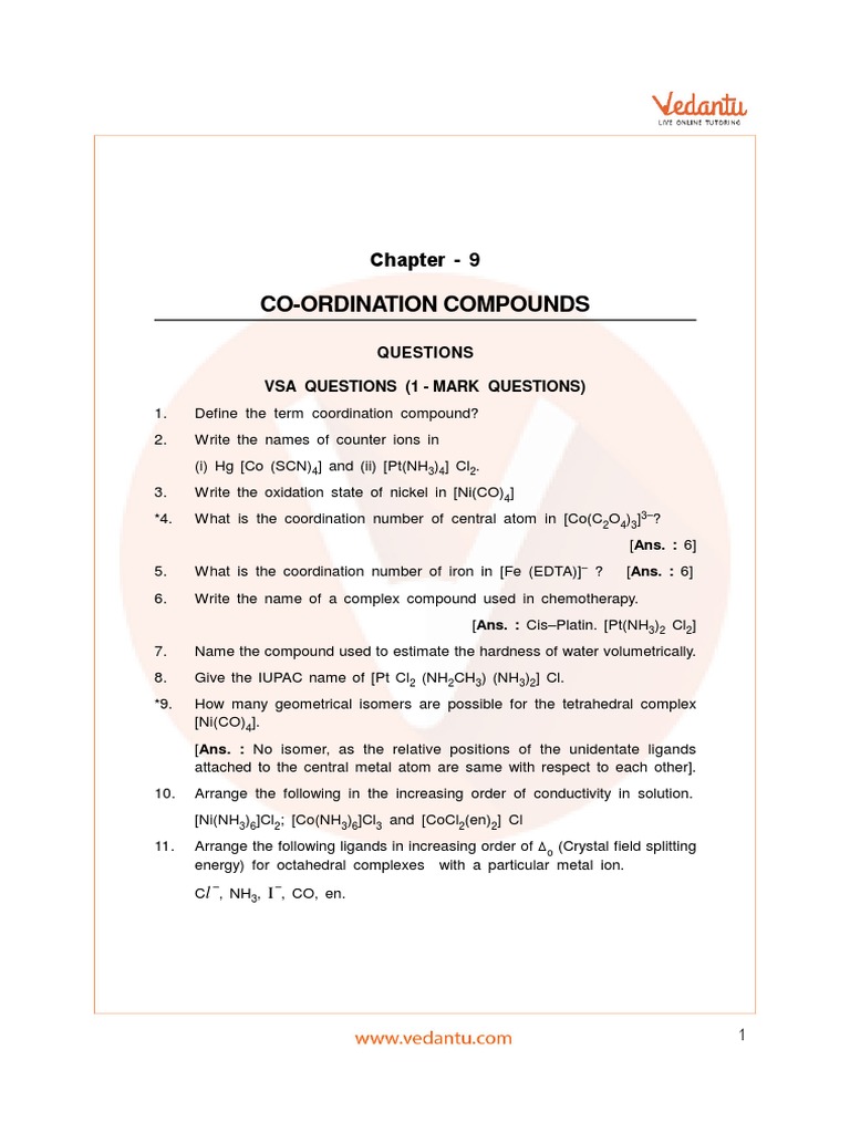 CBSE Class 12 Chemistry Chapter 9 Coordination Compounds Important Questions 2023-24 | PDF ...