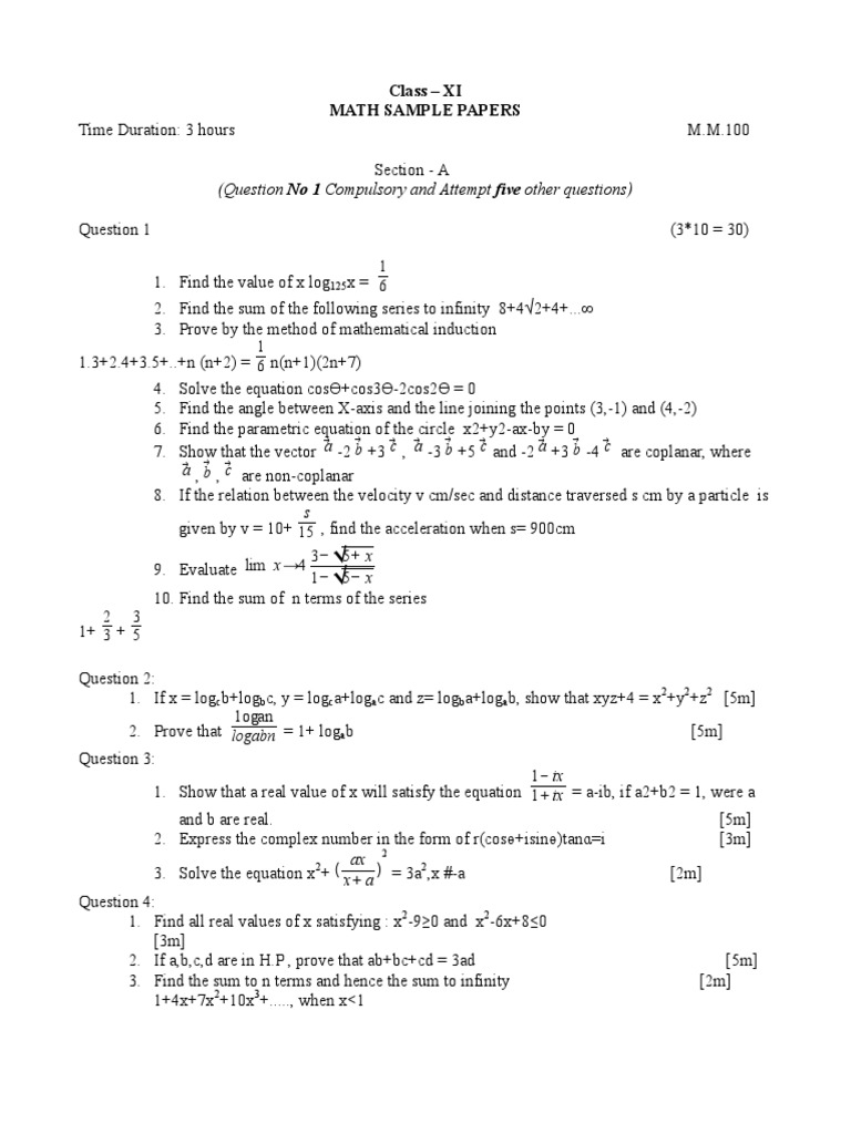 ISC Class 11 Maths Sample Paper | PDF | Circle | Equations