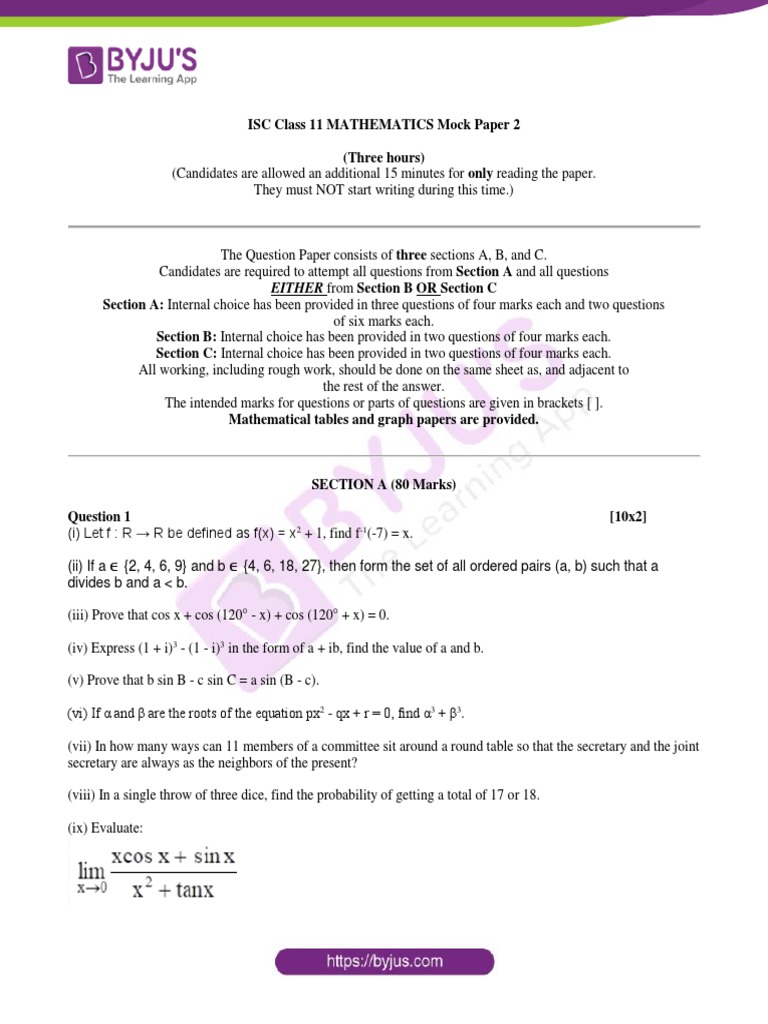 Isc Class 11 Maths Mock Question Paper 2 | PDF | Mathematics | Mathematical Relations