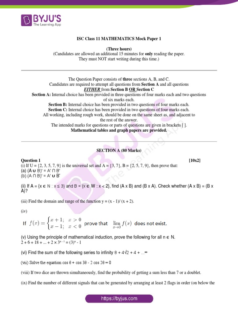 Isc Class 11 Maths Mock Question Paper 1 | PDF | Mathematics | Graph Theory