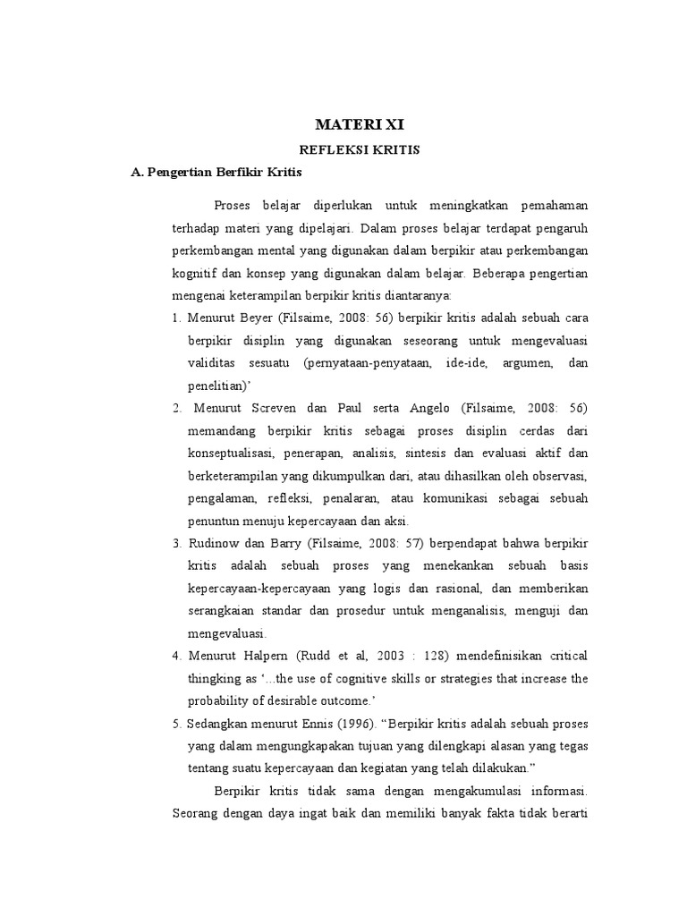 Materi Xi: Refleksi Kritis A. Pengertian Berfikir Kritis | PDF
