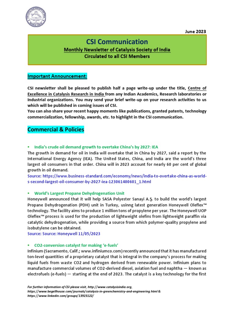 CSI Communication June 2023 | PDF | Catalysis | Gas To Liquids
