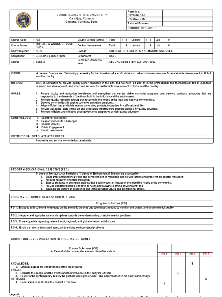 Rizal Syllabus BSES 2 (A4) | PDF | Learning | Science