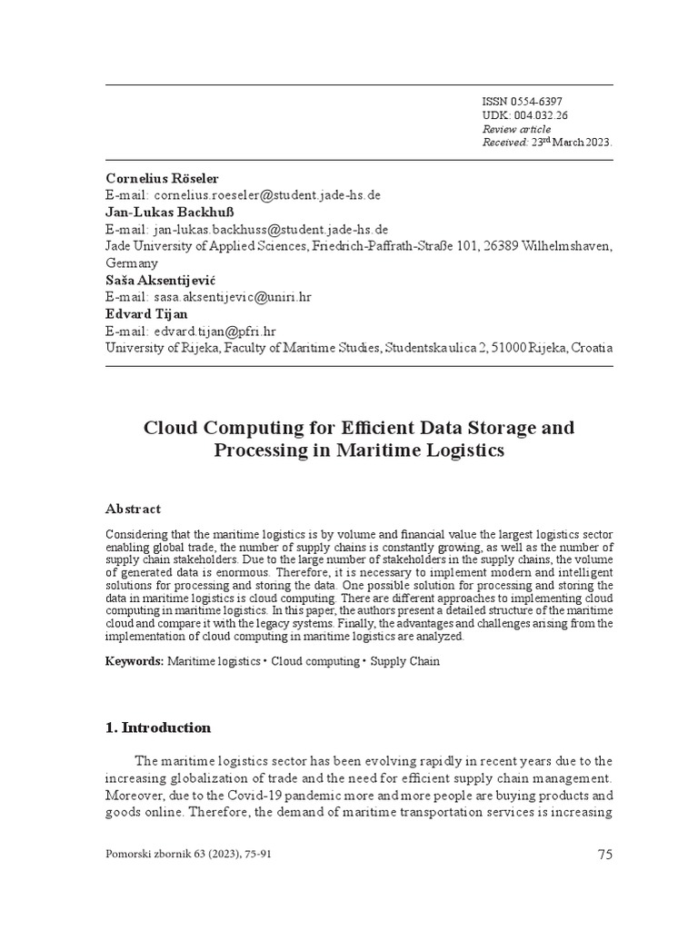 Cloud Computing For Efficient Data Storage and Processing in Maritime Logistics | PDF | Cloud ...