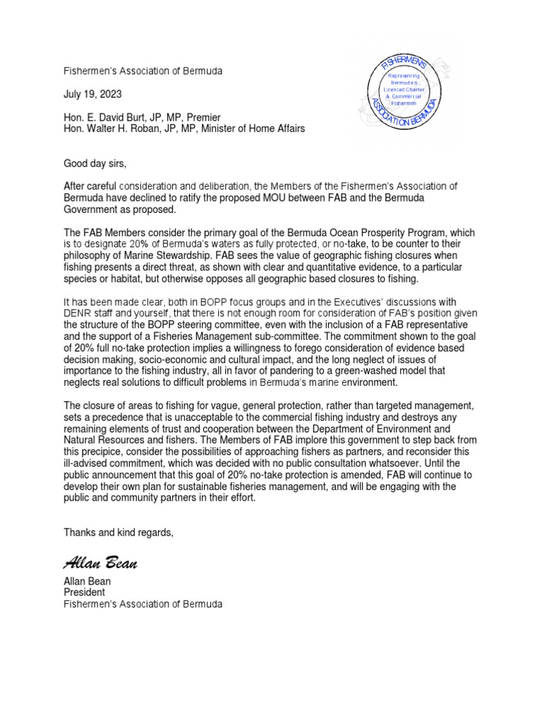 FAB Rejection of MOU Letter To Minister | PDF