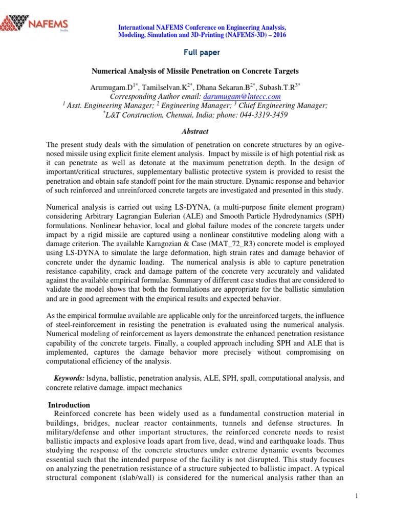 Ni3d088 Numerical Analysis Of Missile Penetration On Concrete Targets Pdf Fracture Concrete