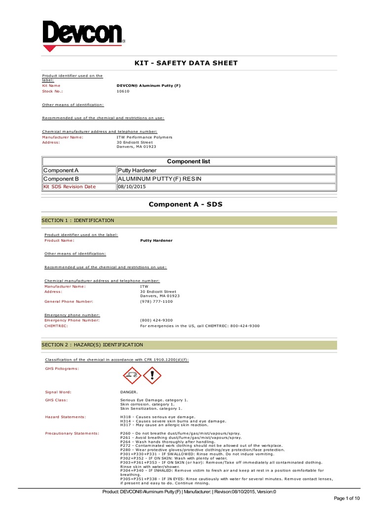 Devcon F - Msds | PDF | Allergy | Chemistry