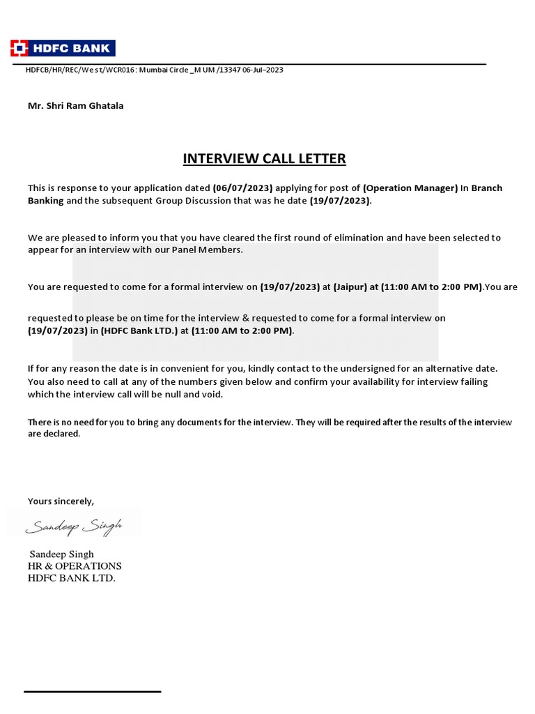 HDFC Call Letter Mr. Shri Ram Ghatala | PDF | Career & Growth | Business