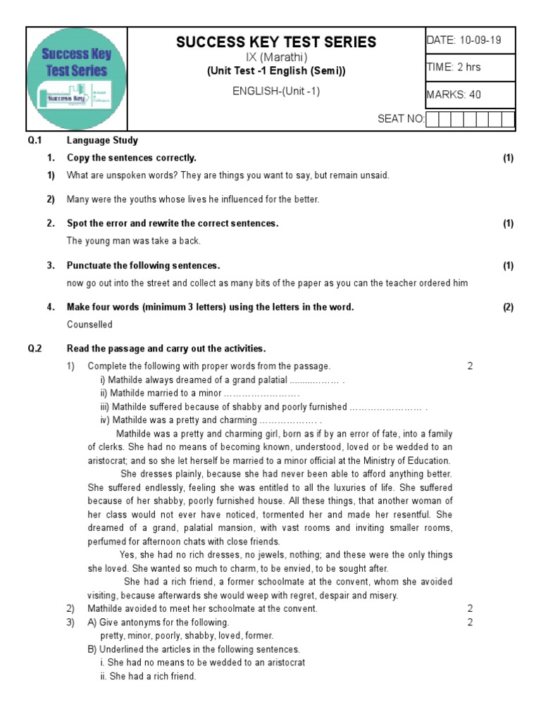 Class 9 S English Unit Test - 1 Q | PDF