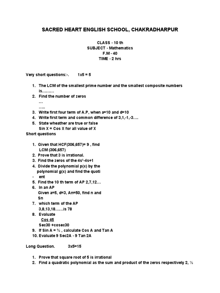 Class 10 Math Exam Paper | PDF