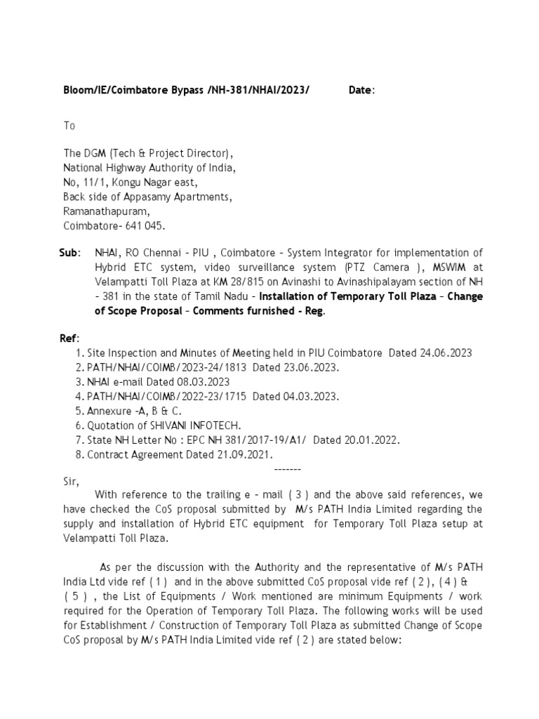 Letter No - Installation of Temporary Toll Plaza - Change of Scope Proposal - Comments Furnished ...