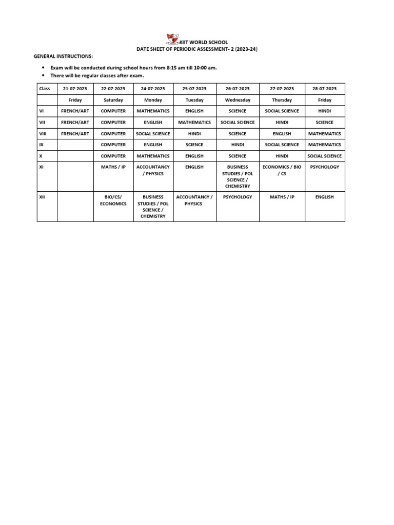 Datesheet of Periodic Assessment-2 - 230719 - 175901 | PDF