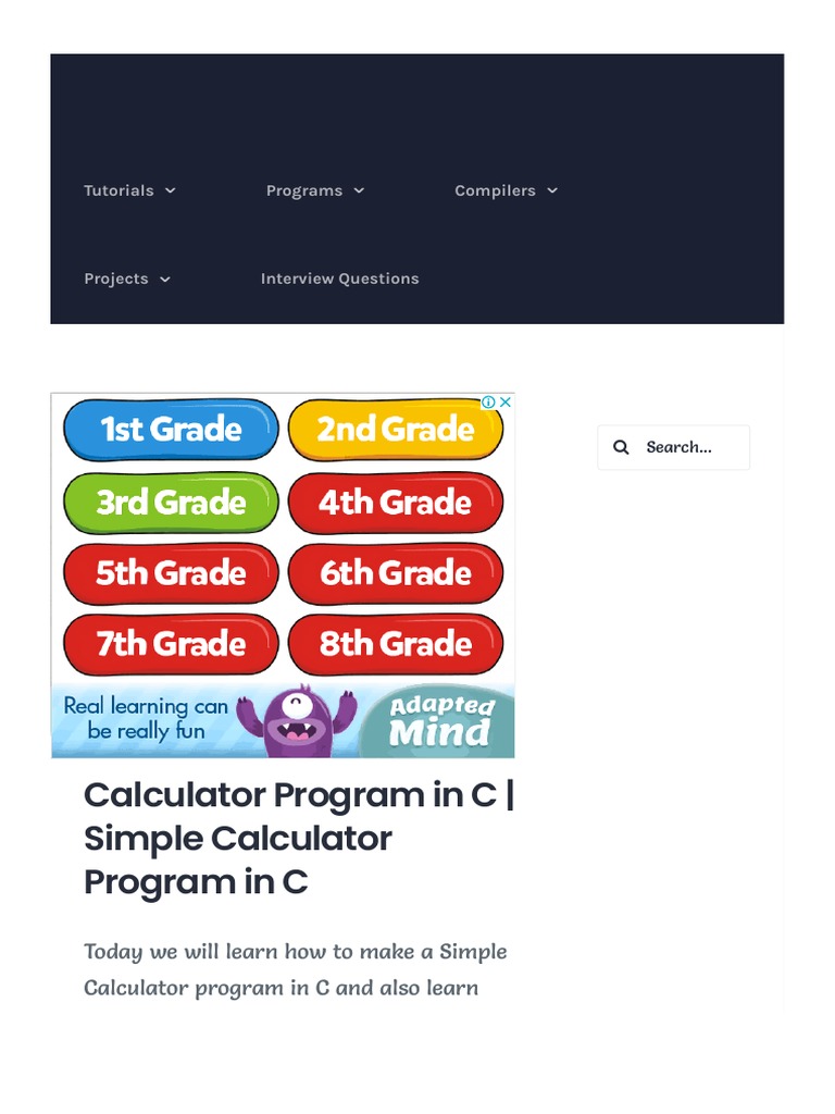 Calculator Program In C Simple Calculator Program In C Learnprogramo Pdf Computer