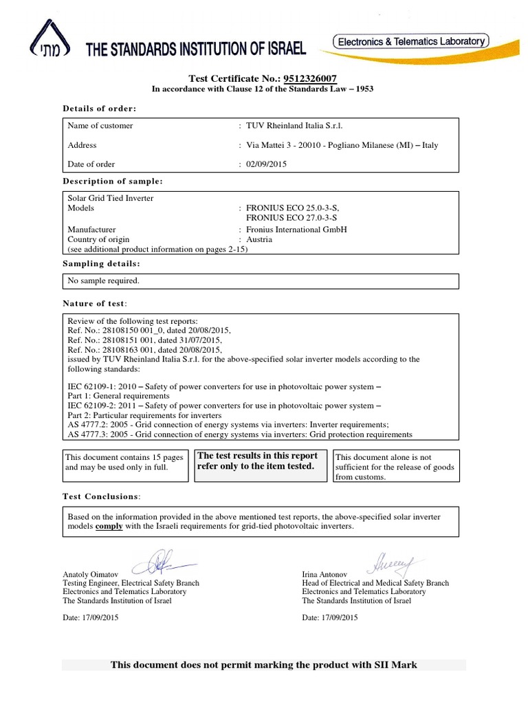 SE CER Certificate SII For Israel Fronius Eco EN | PDF | Insulator (Electricity) | International ...