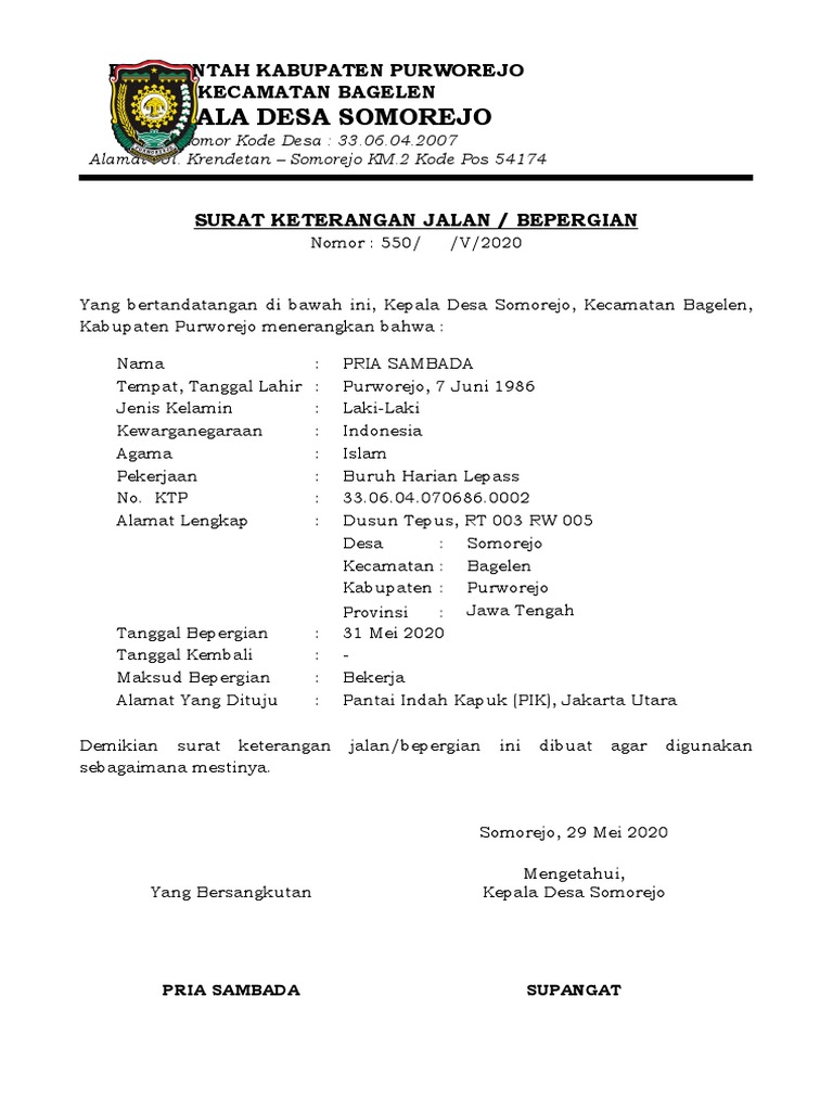 Surat Keterangan Bepergian | PDF