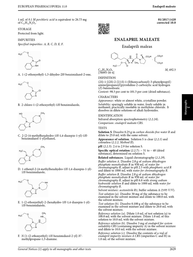Enalapril Maleate Monograph Overview | PDF | Solubility | Chromatography
