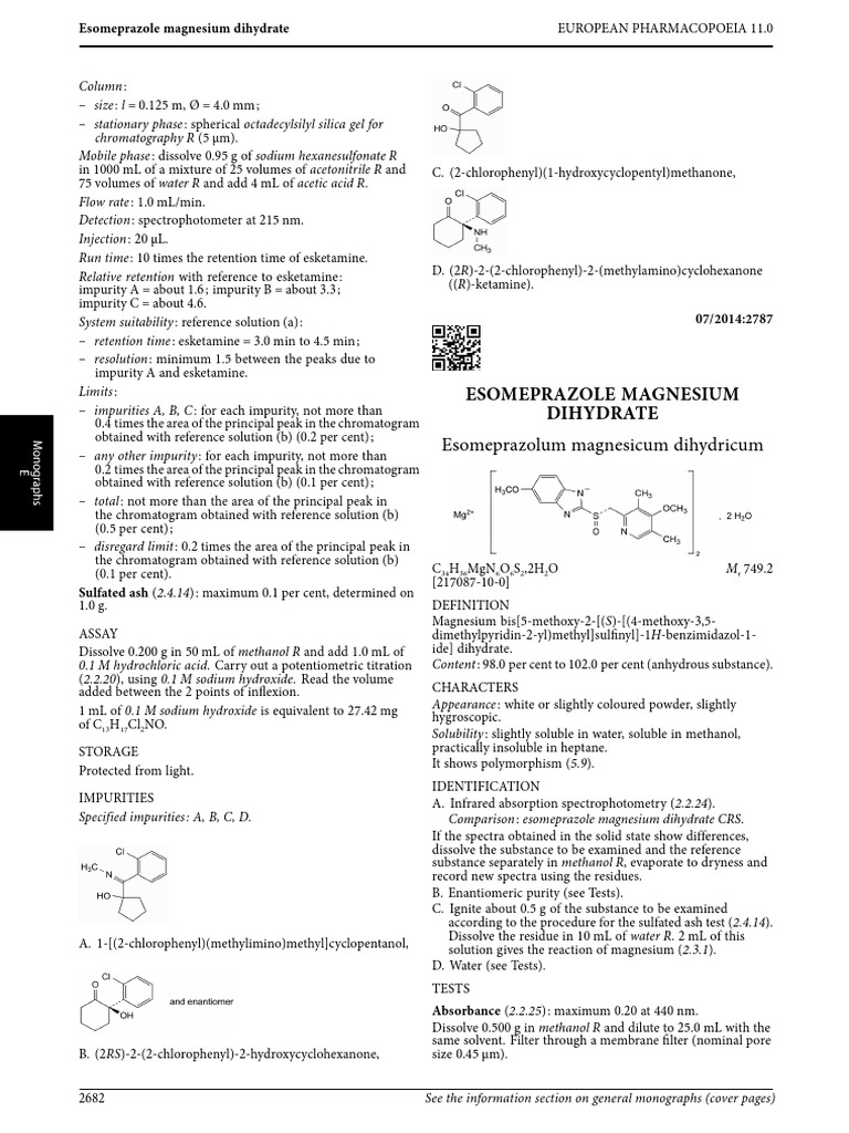 Esomeprazole Magnesium Dihydrate EP 11.0 | PDF | Chromatography ...