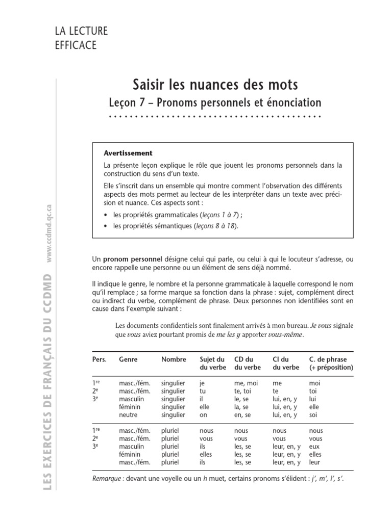 Pronoms personnels en français | PDF | Genre grammatical | Nombre ...