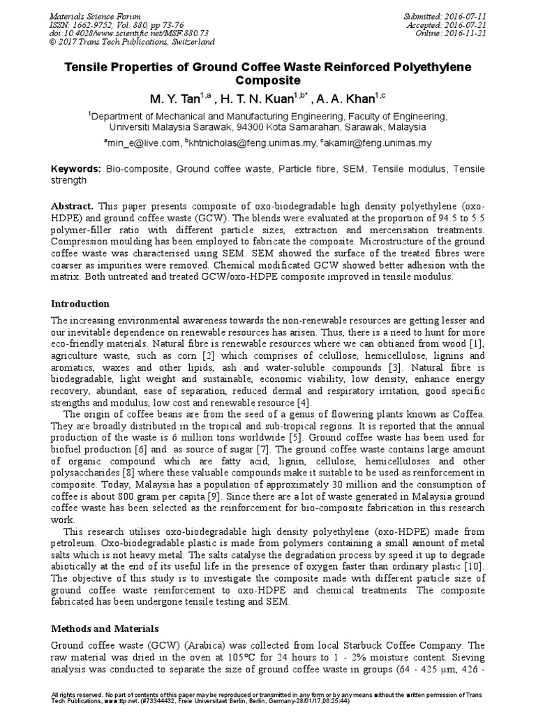 Tensile Properties of Ground Coffee Waste Reinforced Polyethylene Composite | Download Free PDF ...