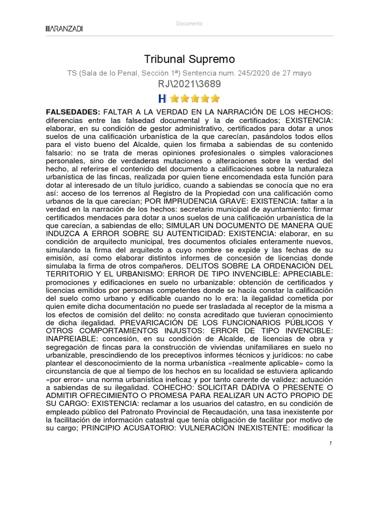 Jur - TS (Sala de Lo Penal, Seccion 1a) Sentencia Num. 245-2020 de 27 Mayo - RJ - 2021 - 3689 ...