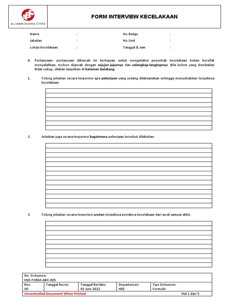 Formulir Wawancara Kecelakaan HSE | PDF