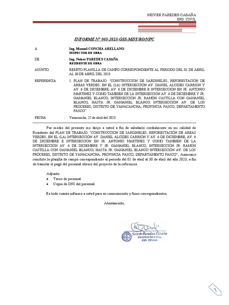 Informe 03 Remito Planilla de Campo Abril | PDF | Ciencia y matemáticas